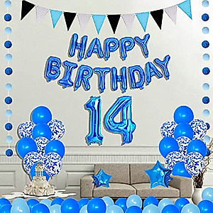 Succris 14TH Blue Theme for 14 Years Old Birthday Party Supplies Blue Happy Birthday Banner Blue Circle Dots Garland Paper Hanging Triangle Flag Banner Confetti balloons Number 14 Blue