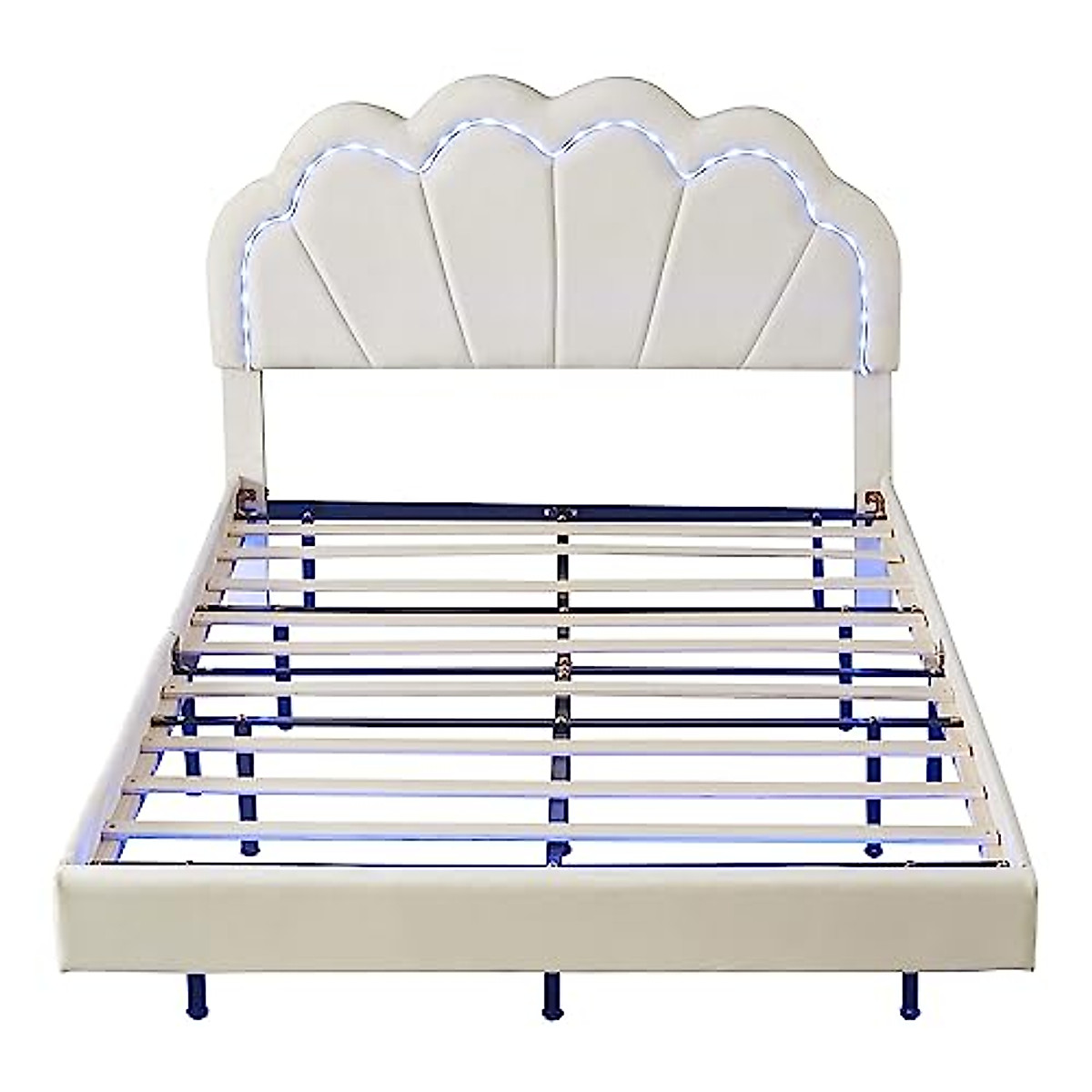 Full Size Upholstered Smart LED Bed with Elegant Flowers Headboard, Floating Velvet Upholstered Bed with Wooden Slats Support, Upholstered Smart LED Bed Frame for Kids Teens Boys Girls (Beige-ZC8S)