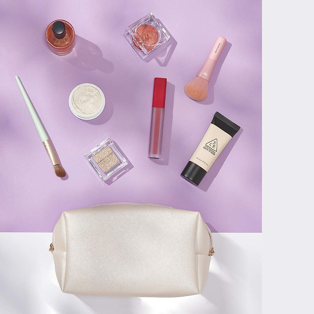 Sohynca PU Leather Cosmetic Bag for Women Minimalism Makeup Bag for Daily Use Portable Storage Purse Small Neat Cosmetic Pouch Water-resistant Toiletry Bag for Travel (Ivory White)