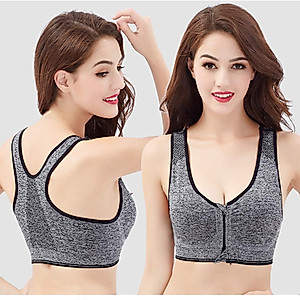 JFLYOU Bra For Women,Ladies Zip Front Sports Bra Wireless Post Surgery Bra Active Yoga Sport Yoga Bra(Gray,X-Large)