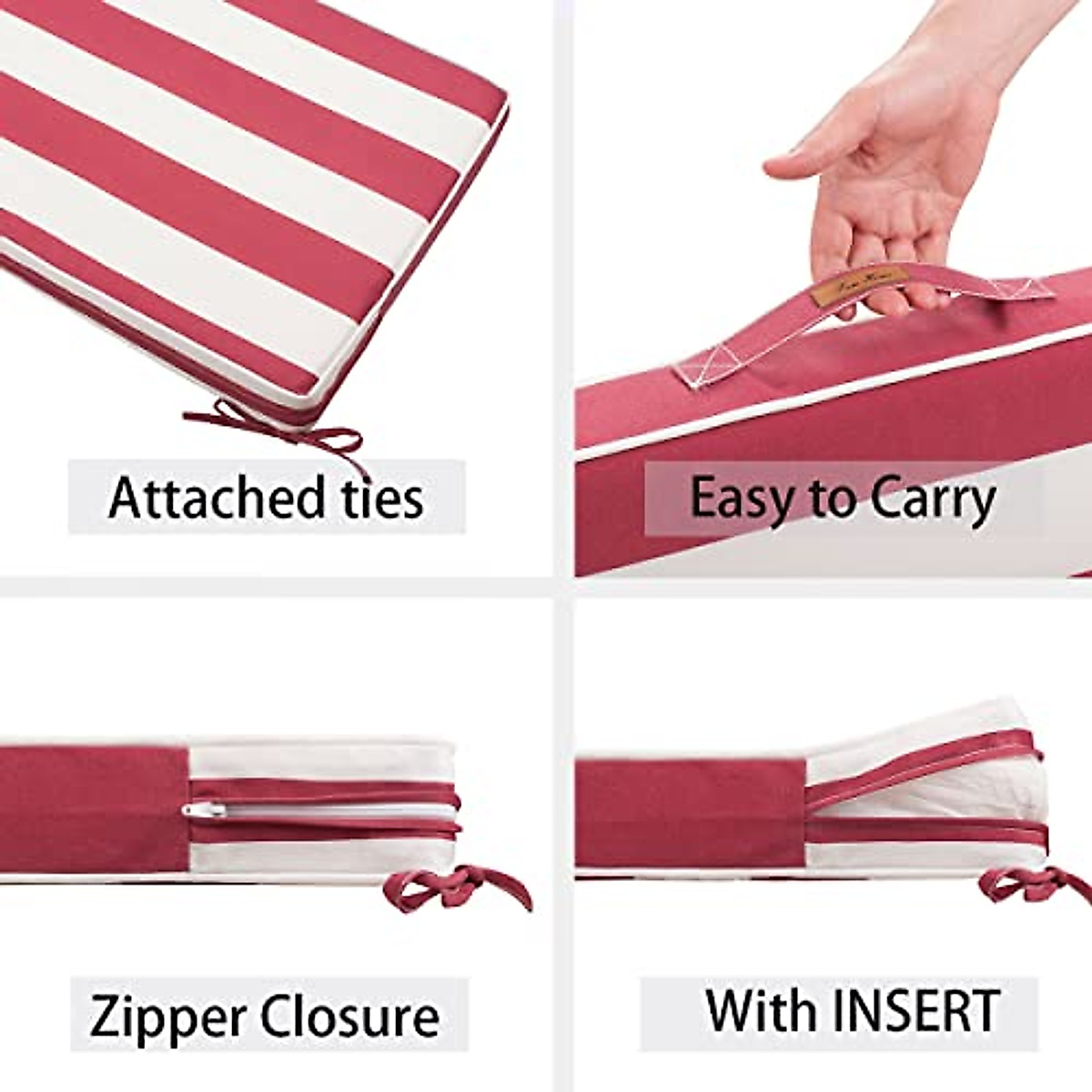 FUNHOME Water-Resistant Long Outdoor Patio Cushion with Ties, Patio Furniture Cushion Couch Seating，Indoor/Outdoor Square Corner Seat Cushion，48x18 Inch-Red Stripe