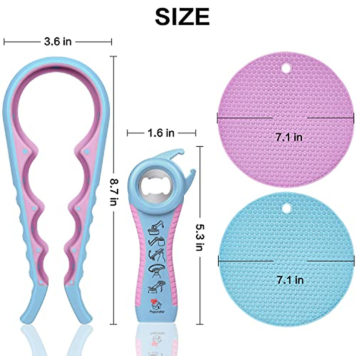 Jar Opener for Weak Hands, Jar Opener for Seniors with Arthritis Multi-Function, Non Slip Rubber Jar Opener Gripper Pad Lid Twist Gripper, Jar Bottle Lid Can Opener Kit for Low Strength, Elderly