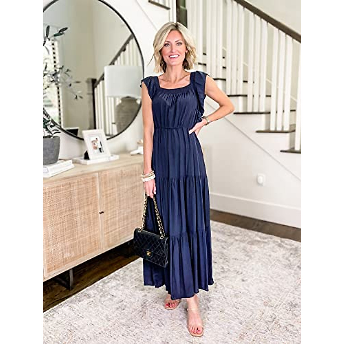 PRETTYGARDEN Women's Summer Bohemian Sleeveless Maxi Dress Square Neck Ruffle Flowy Long Sun Dress Wedding Guest Dress 2023 (Solid Navy, Large)