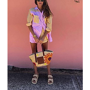 SAFRISIOR Women’s 2 Piece Casual Tracksuit Outfit Sets Stripe Long Sleeve Shirt And Loose High Waisted Mini Shorts Set (Medium, Pink&Yellow, m)