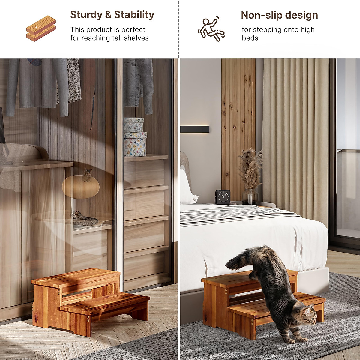 TINAMO 25" Long Step Stool for Adult & Kid - Wooden Two Step Stool 500 Lbs - Riser 2-Step Spa & Hot Tub Stairs for Pool - Heavy Duty 2 Step Stools for Bed, Kitchen, Indoor/Outdoor (Acacia Wood)