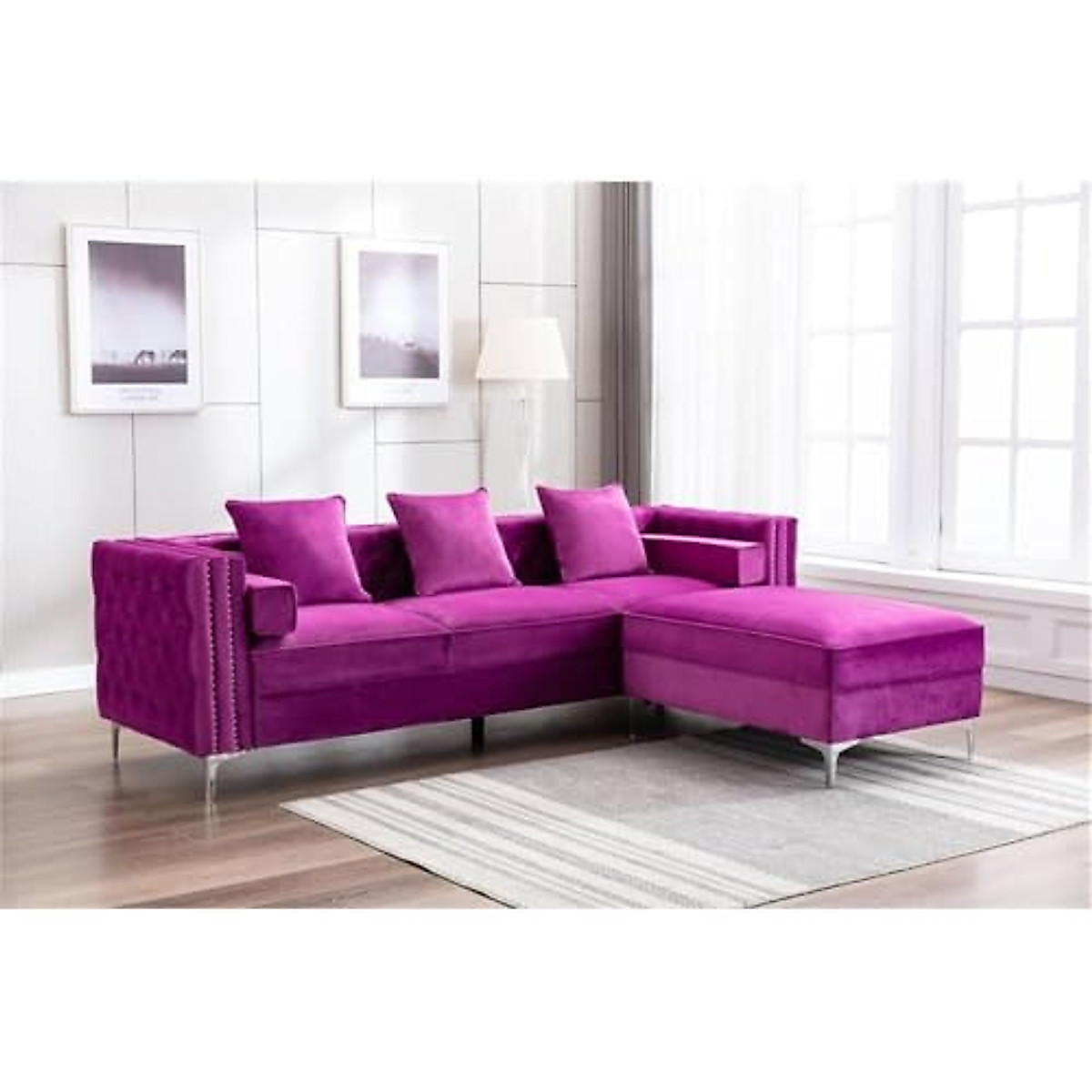 Legend Vansen Velvet Sofa sectional for Living Room with Ottoman Chaise Reversible L Shaped Couch Sleeper, 104", Violet
