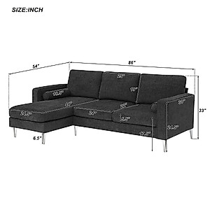 OPTOUGH Modern Chenille Fabric Convertible Sectional Sofa with Reversible Chaise,L-Shaped Couch 3-Seat Sofacair with 2 Pillows for Living Room,Apartment (86" Drrk Grey)