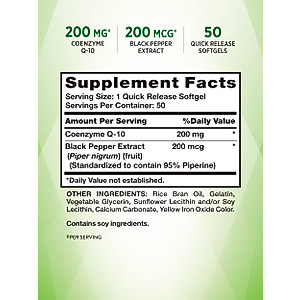 Nature's Truth CoQ10 200 mg Softgels | 50 Count | Enhanced Absorption Supplement | Plus Black Pepper Extract | Non-GMO, Gluten Free