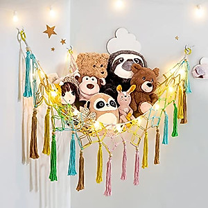 Dremisland Stuffed Animal Toy Hammock with Fairy Lights Macrame Rainbow Toy Net Hammock with Wood Beads Tassels-Stuff Animals Organizer Storage Toy Net Holder for Nursery Play Room, Kids Bedroom