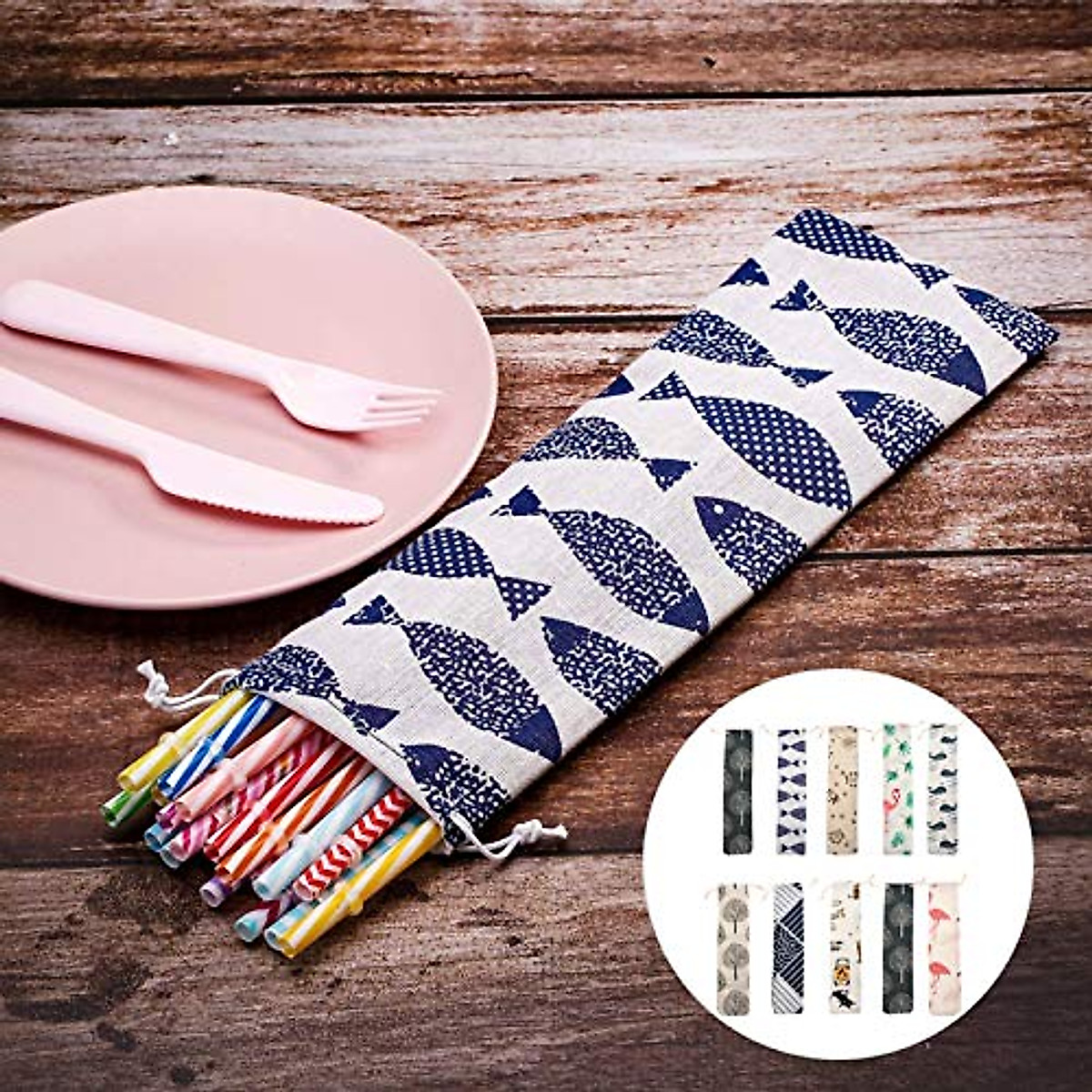 VALICLUD Portable Straw 10Pcs Cutlery Drawstring Bags Portable Cartoon Japanese Style Spoon Chopsticks Forks Straw Cotton Linen Bag Silverware Holder Pouch for Home Outdoor Picnic Portable Chopsticks