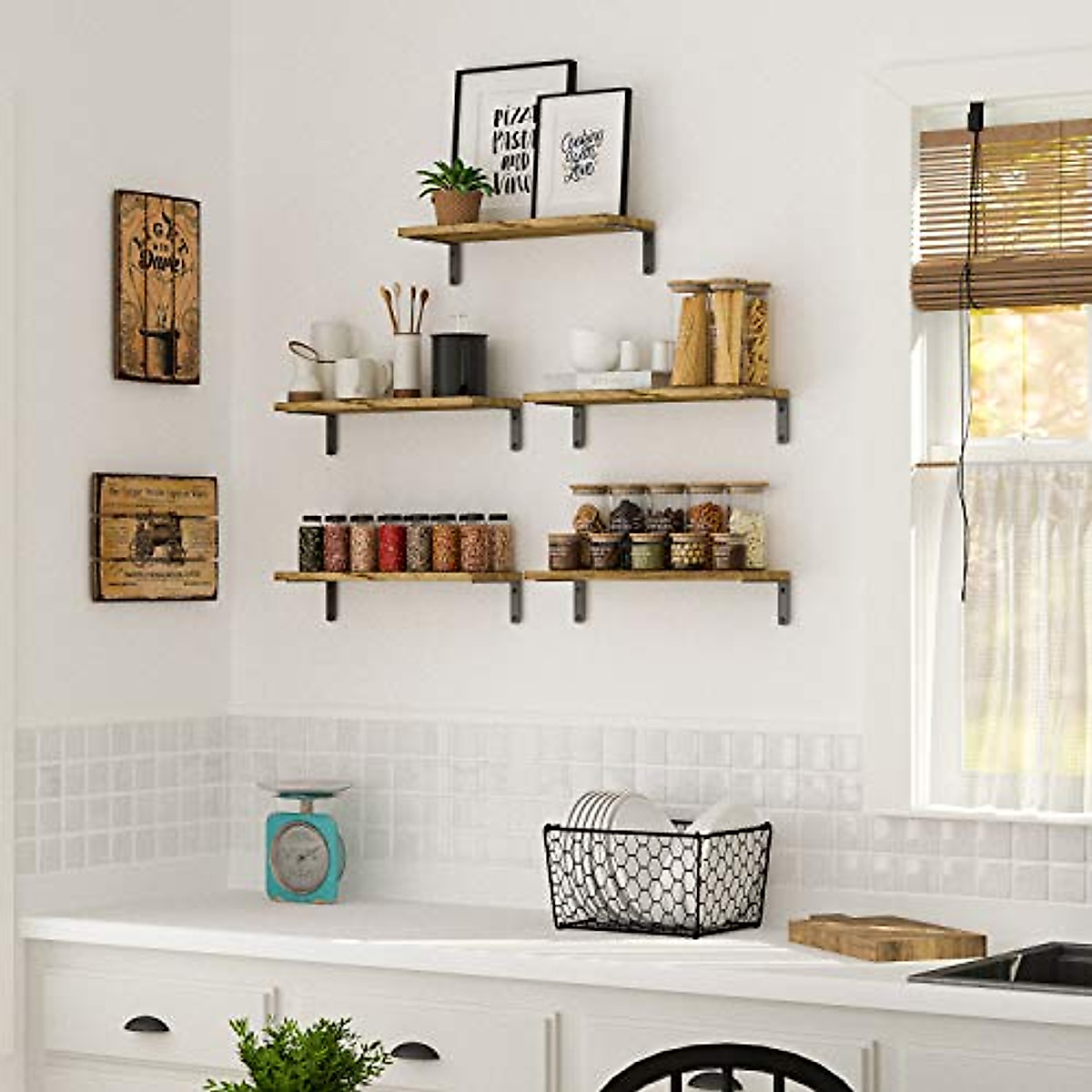 Wallniture Palma Floating Shelves for Wall, Rustic Wood Wall Shelves for Bedroom Storage, Natural Burned Small Bookshelf Set of 5