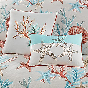 Madison Park 100% Cotton Comforter Set - Coastal Coral, Starfish Design All Season Down Alternative Cozy Bedding with Matching Shams, Decorative Pillow, King(104"x92"), Teal 7 Piece