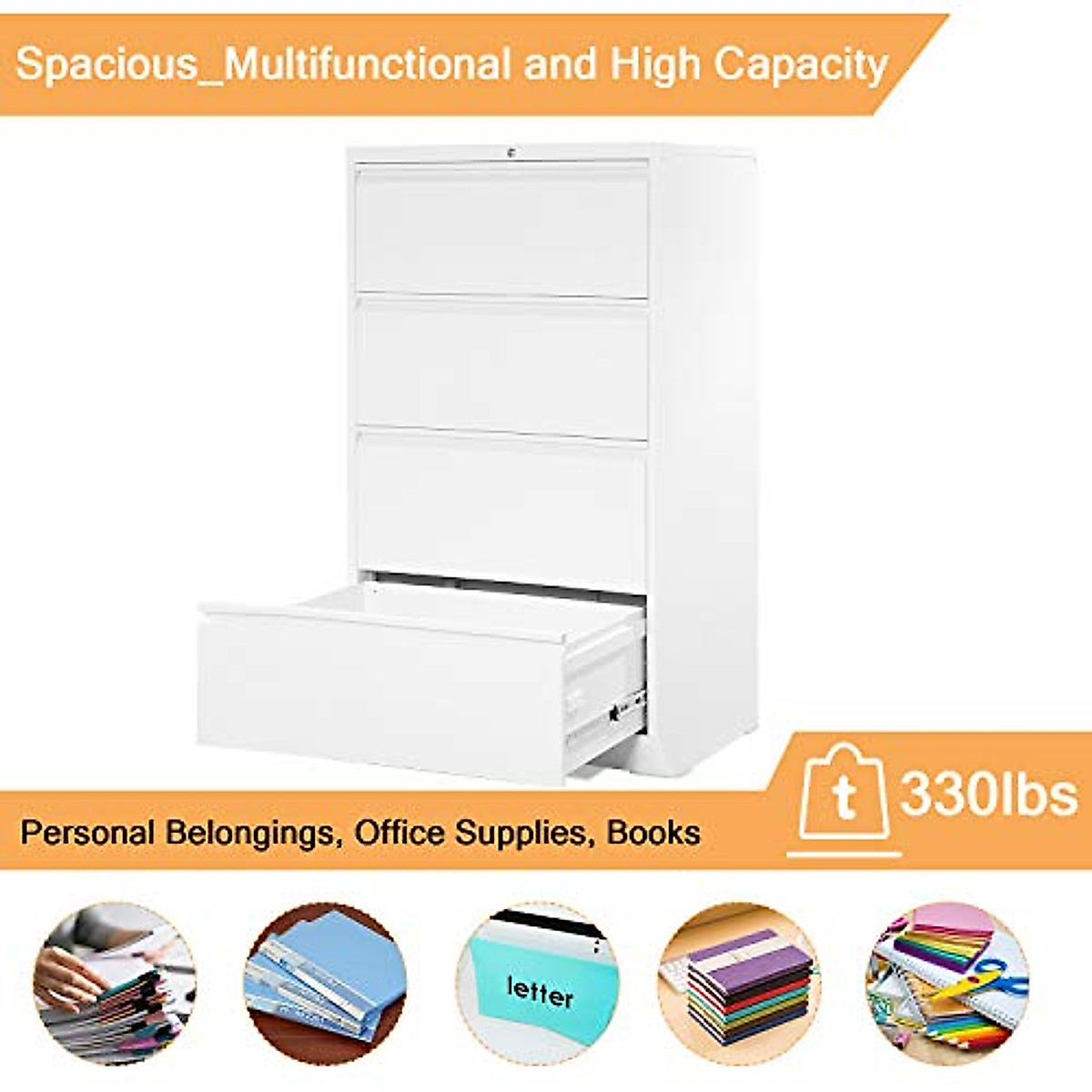 Aobabo 4 Drawer Metal Lateral File Cabinet,Steel Lateral Filing Cabinet with Letter/Legal A4 Size,Fast Assemble with 0 Screw,Assembly Required(White,4 Drawer)
