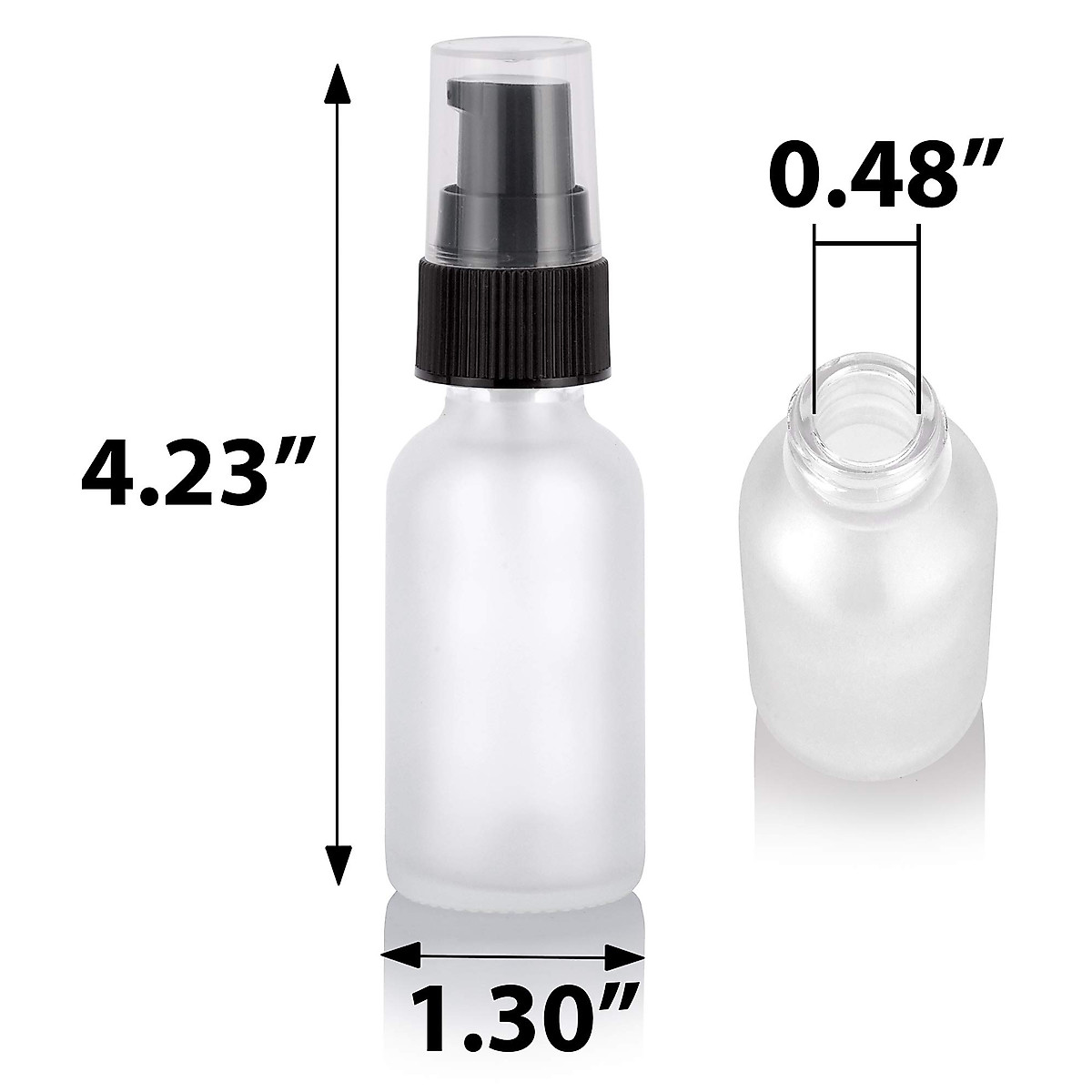 1 oz / 30 ml Frosted Clear Glass Boston Round Bottle with Black Treatment Pump (24 Pack) + Funnel