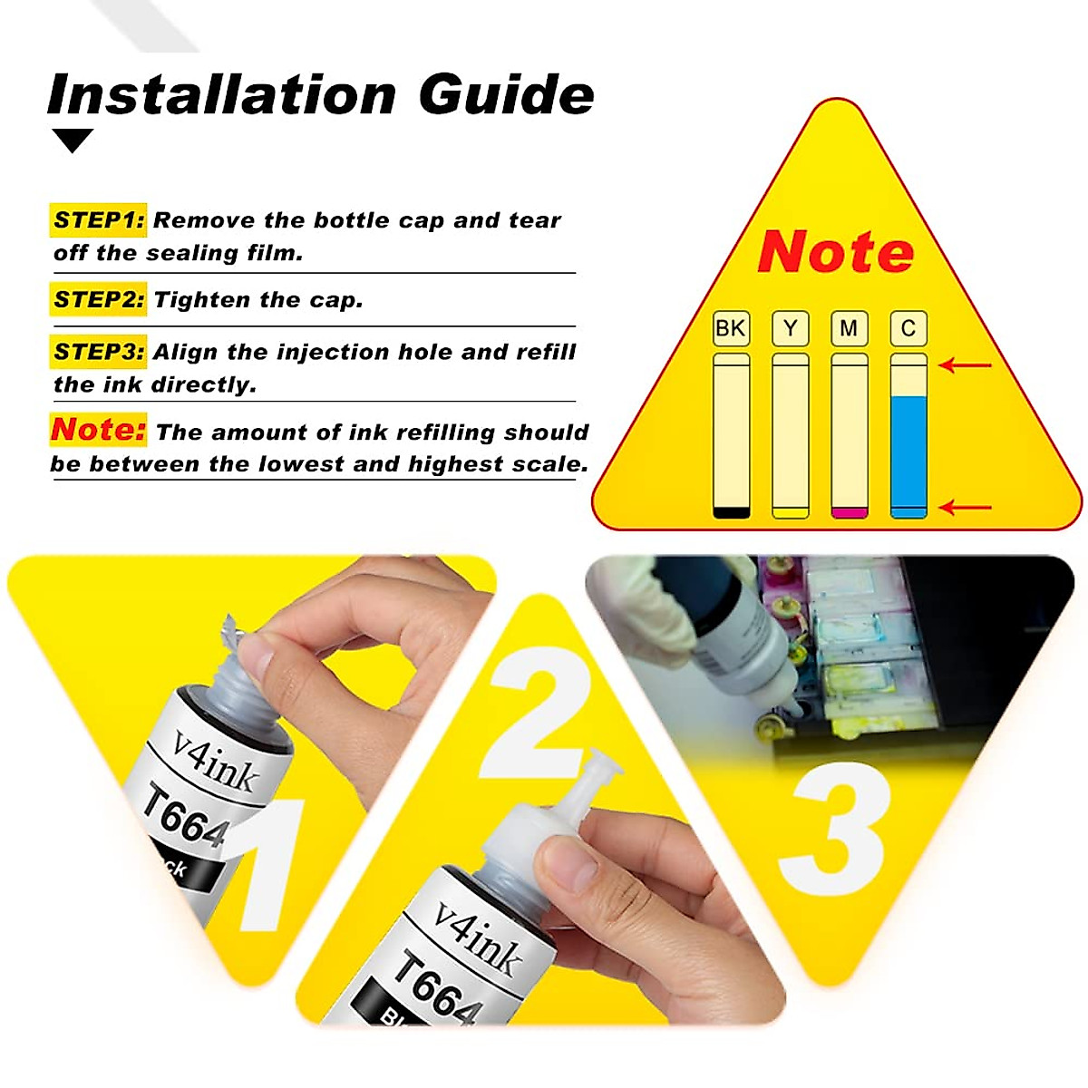v4ink Compatible 664 XL Refill Ink Bottle Replacement for 664 XL T664 for Use with Epson EcoTank ET-2500 ET-2650 ET-4500 L210 L310 L120 L485 L350 Printer T664120 T664220 T664320 T664420-5 Bottles