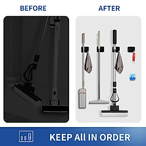 FPOSEI 4PCS Broom and Mop Holder，Stainless Steel Waterproofing Broom and Mop Holder Wall Mountain, Adhesive Mop Holder with Hooks, Cleaning Supplies Organizer Home Laundry Organization