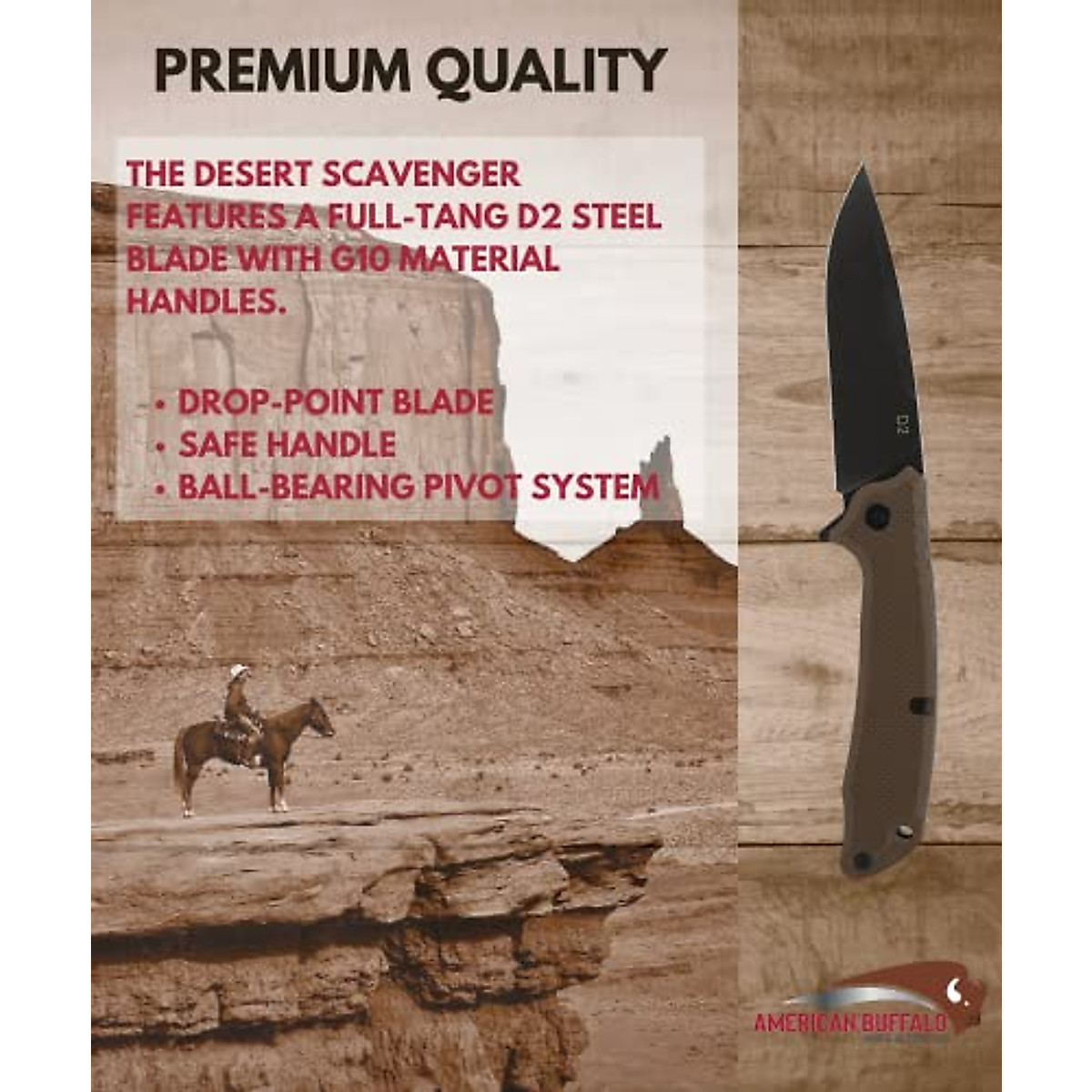 ABKT Desert Scavenger Elite Tactical Folding EDC Pocket Knife – 3.5 Inch Drop Point D2 Steel, Stone Washed Blade with Tan 4.5 Inch G10 Handle