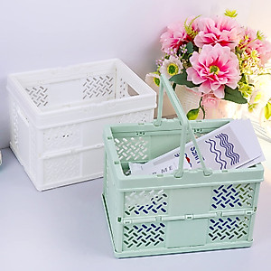 Klyuqoz Pastel Crates for Storage, Cute Crates Pack of 2, Collapsible Crate, Shopping Basket with Handle, Folding for Home Kitchen Office. Size (7.5 x 5.3 x 4.9 in), Green, White