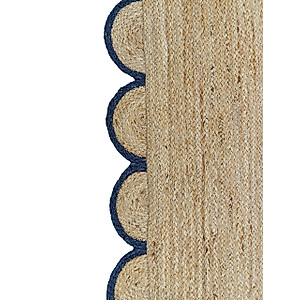 Weaving Village Scalloped Natural Jute Area Rug, Navy Trim, 2x3