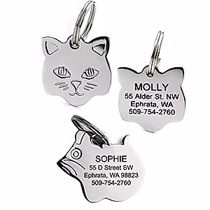 GoTags Stainless Steel Cat ID Tags, Available in Mouse and Cat Shapes, Includes up to 4 Lines of Custom Engraved Personalized Text, (Cat Shape)