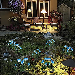 FORUP 2 Pack Solar Garden Stake Lights, Outdoor Solar Rose Flower Lights with 6 Rose Flowers, LED Rose Solar Powered Lights for Patio, Lawn, Garden, Yard Decoration, Blue
