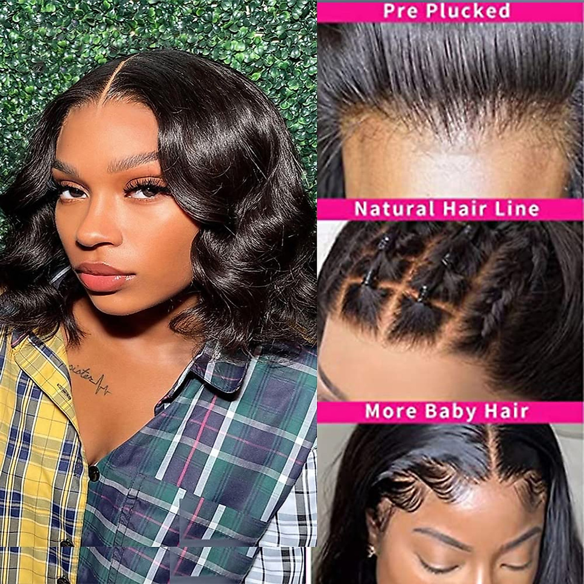BSTDAE Short Body Wave Lace Closure Wigs Human Hair 180 Density Short Bob Wigs Body Wave 4X4 Lace Front Wig Glueless Wigs Body Wave Human Hair Wigs Pre Plucked Natural Color (12 Inch, 4x4 Wig)