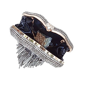 Women Luxury Lips Shape Crystal Tassel Evening Pearl Clutch Purse Bag Rhinestones Wedding Party Purse Handbag With Pearl Buckle (Sliver)