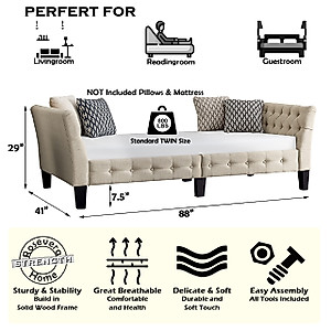 Rosevera Roche Upholstered D11 Button Tufted Fine Polyester Easy aseemble with Wooden Legs Twin Size Daybed Sleeper Couch for Living Room Bedroom, Pearl Beige