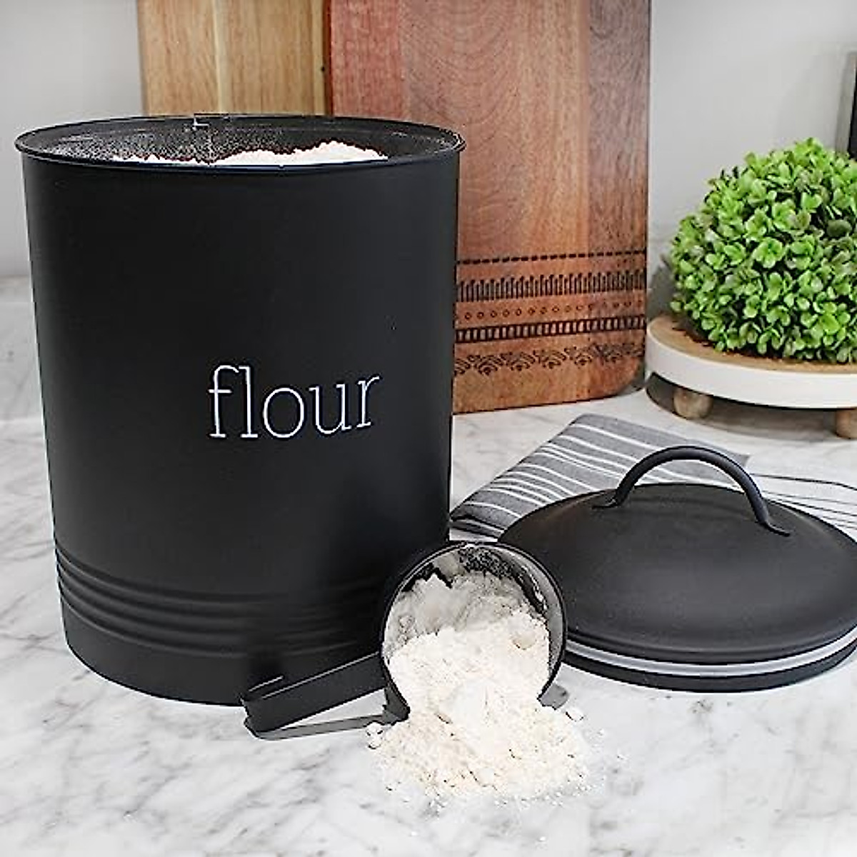 AuldHome Enamelware Black Flour Canister; Modern Farmhouse Style Staples Storage for Kitchen