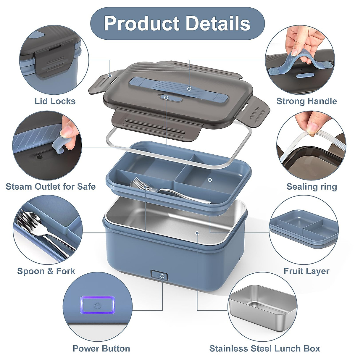 Herrfilk Electric Lunch Box Food Heater 100W, 4 in 1 Ultra Quick Heated Lunch Boxes for Adults 12V/24V/110V/220V Portable Food Warmer for Car/Truck/Office With Fork Spoon and Insulated Carry Bag