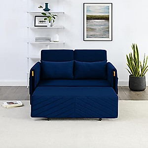 Xozor 54" Modern Convertible Sofa Bed - Adjustable Pull Out Couch Bed Sleeper Sofa,Velvet Loveseat with 2 Pillows and Side Pockets for Living Room, Office Or Bedroom, (Blue)