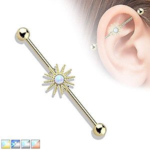 Covet Jewelry Opal Center Sunburst 316L Surgical Steel Industrial Barbell (Rose Gold/Opal White)