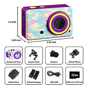 Luoba Kids Camera Waterproof Toddler Digital Camera for Kids 3 4 5 6 7 8 Year Old Children Underwater Cameras Toys Age 3-8 Girls Boys Birthday Gifts Mini HD Sport Recorder with 32GB Card(Purple)