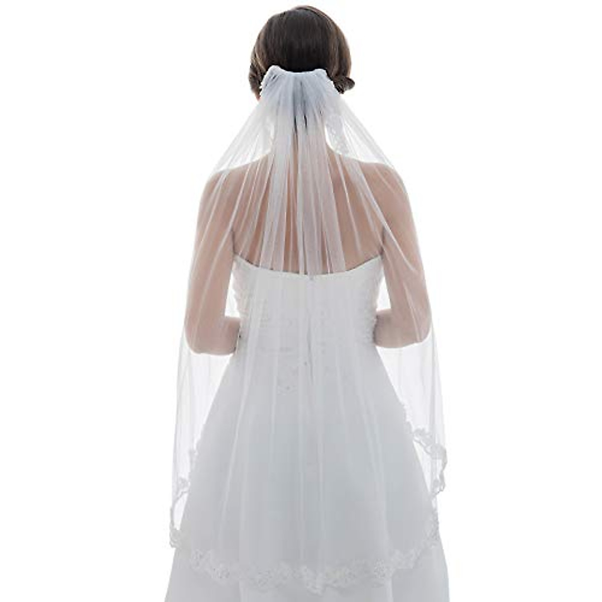 SAMKY 1T 1 Tier Floral Scallop Embroided Lace Pearl Veil - White Fingertip Length 36" V470