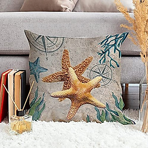 Vintage Beach Sea Life Starfish Throw Pillow Cushion with Zippe Nautical Sofa Pillows Sea Turtle Sea Life Farmhouse Throw Pillow Case for Sofa Living Room White Linen 22x22in Housewarming Gift
