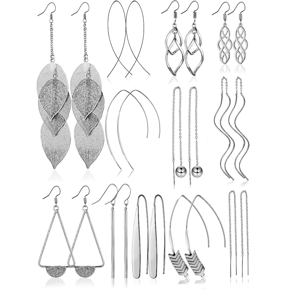 13 Pairs Metal Drop Dangle Earrings Set Curved Threader Dangle Earrings Double Twist Wave Long Bar Arrow Leaf Earrings (Silver)