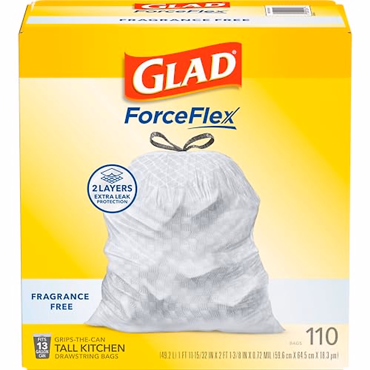 Glad ForceFlex Drawstring Trash Bags, 13 Gal, Fragrance Free, 110 Ct, Pack May Vary