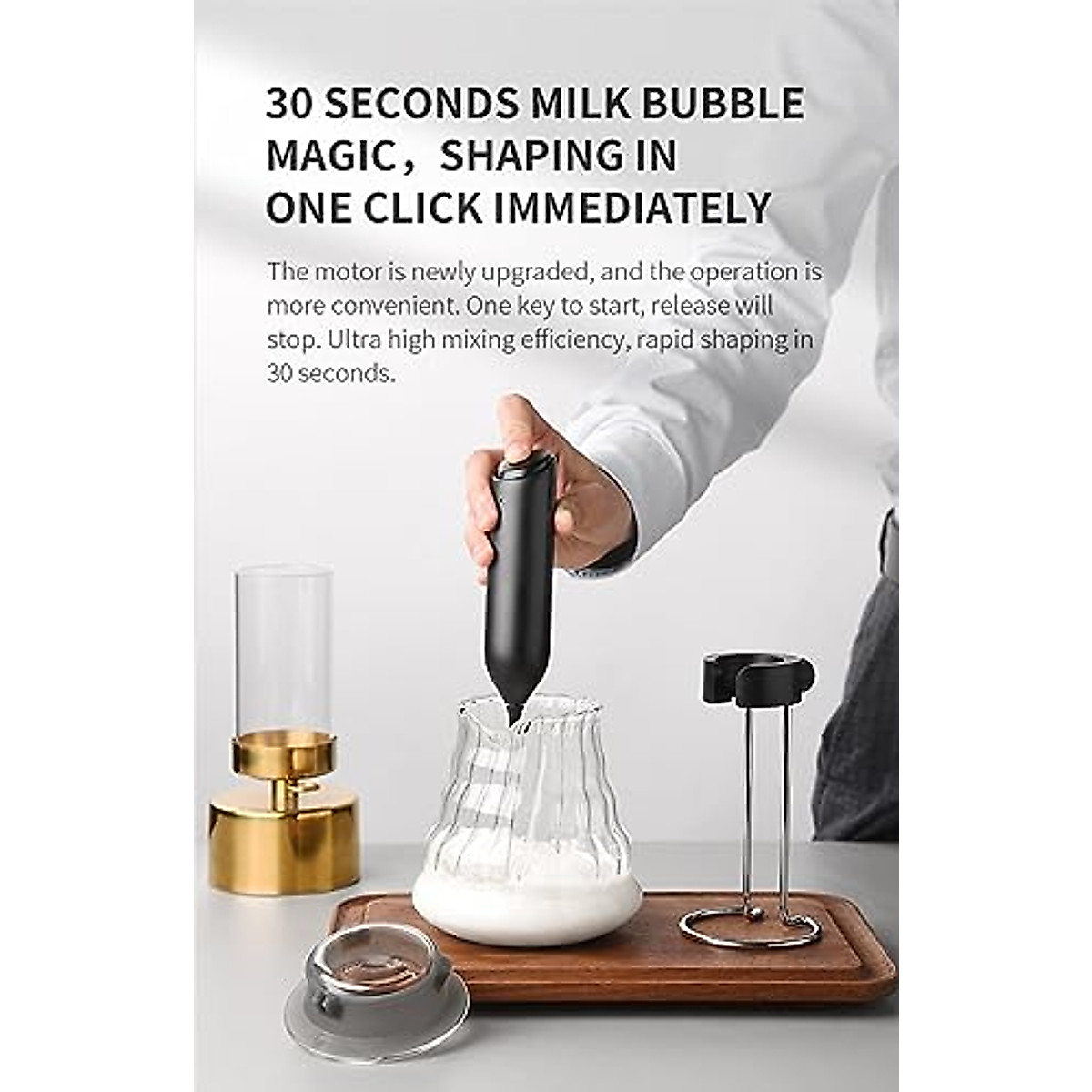 Rechargeable Milk Frother Handheld with Stand and Stencils - Usb Stainless Steel Stand or Wall Hanging for Kitchen Coffee Bar Electric Whisk Hand Blender Mixer for Latte Cappuccino Egg Protein Powder