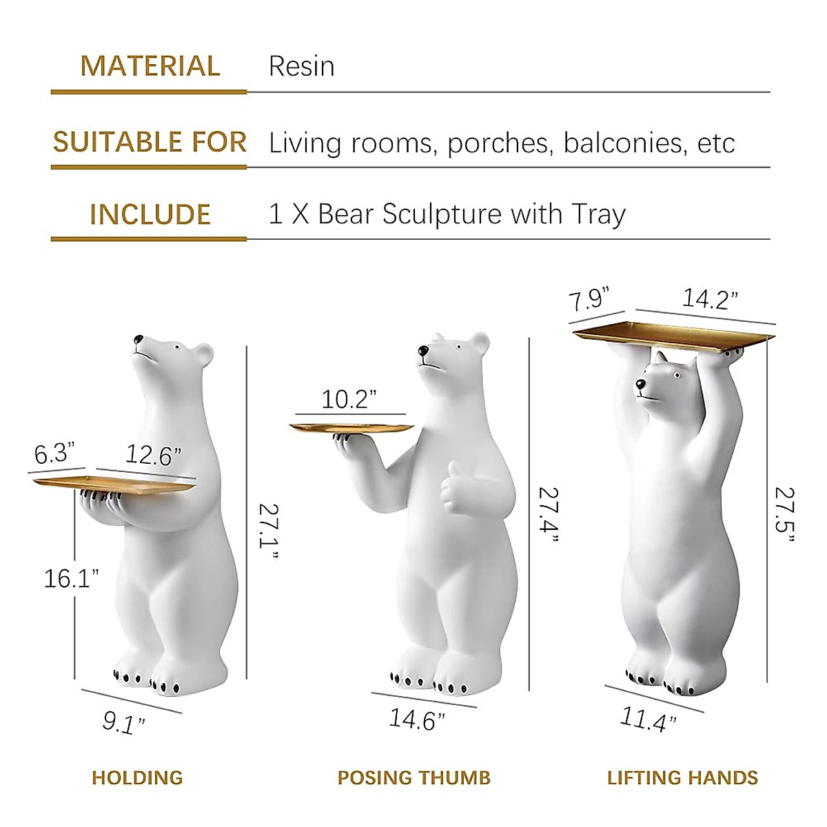 Pearlead Resin Polar Bear Sculpture with Metal Tray Animal Figurine Ornament Standing Statue Candy Dish Decorative Tray for Keys Home Office Hotel Decoration Holding
