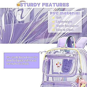 Maod Clear Backpack Heavy Duty Stadium Approved PVC Transparent Large School Book Bag with Free Sticker and A Pendant (Purple)