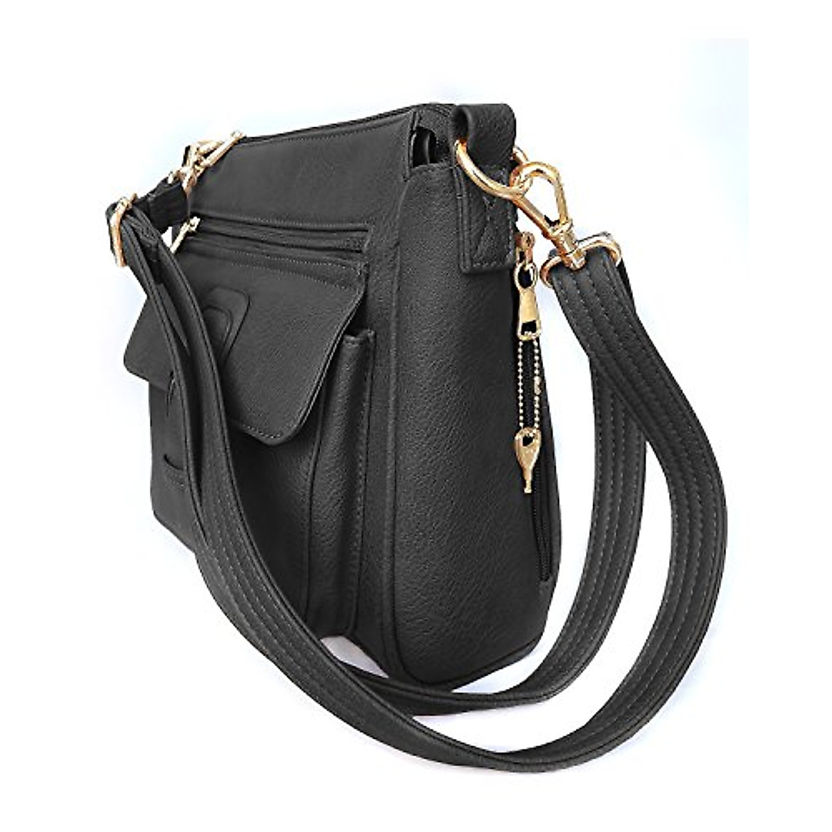 Roma Leathers Concealed Carry Cross Body Handbag - Premium Black Vegan Leather - Adjustable, Detachable, and Wire Reinforced Shoulder Strap - Front Buckle Closure - Dual Gun Entry - Designed in U.S.A