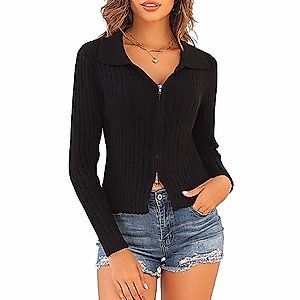 ZAFUL Women's Zip Up Sweater Long Sleeve Polo V Neck Ribbed Knit Slim Cropped Sweater Pullover Jumper Tops (0-Black, M)