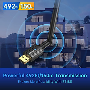USB Bluetooth 5.3 Adapter for PC, Driver Free, Long Range 492FT / 150M Bluetooth Stick Receiver & Transmitter Compatible with Windows 11/10/8.1, (Need to Disable Built-in Bluetooth of PC) - Black