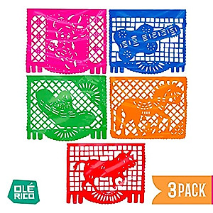OLÉ RICO - Mariachi Banner, Plastic Papel Picado Banner, Mexican Party Banner, Mexican Themed Party Decorations, Fiesta Party Decorations, Authentic Mexican Decorations, 16 x 13 in 16 ft. Long, 10 Count (Pack of 10)