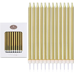 URAQT Birthday Candles, 24 Pcs Metallic Birthday Cake Candles in Holders, 5.1 inch Long Thin Golden Candles Cupcake Candles for Birthday Wedding Baby Shower Party Decoration