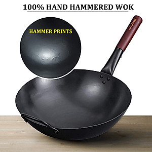 XEEYAYA Carbon Steel Wok Pan with Ring, Chinese Woks and Stir Fry Pans, 14" Large Hand Hammered Traditional Round Bottom Wok