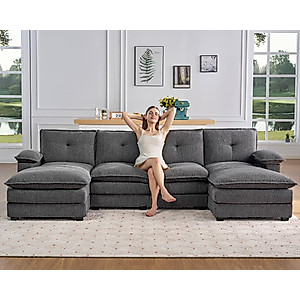 Jocisland 115 Inch Sectional Couch, Modular Sectional Sofa- Double Layer Seat Cushions, U Shaped Couch- Comfy Couches for Living Room, Grey Chenille
