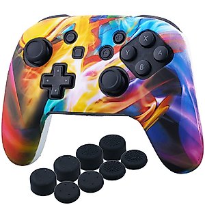 YoRHa Studded Silicone Transfer Print Cover Skin Case ONLY for Nitendo Official Switch Pro Controller x 1(Colourful Stream) with Pro Thumb Grips x 8