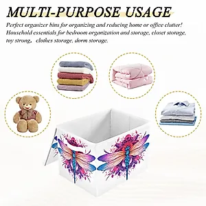 YETTASBIN Dragonfly Storage Basket with Lid and Handles, Large Collapsible Fabric Storage Bins Sturdy Storage Organizer for Shelves, Closet, Bedroom, School, Office, Home Decor