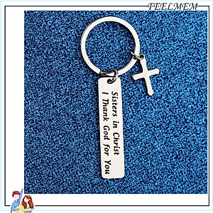 FEELMEM Christian Sister Gift Sisters in Christ I Thank God for You Keychain Religious Sister Jewelry Baptized in Christ Gift(silver)